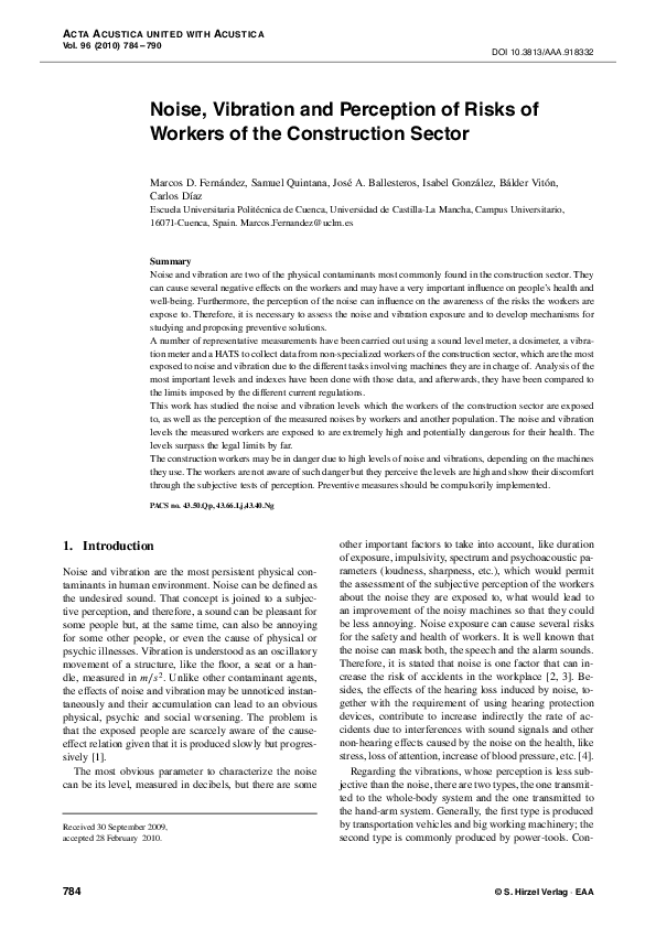 (PDF) Noise, Vibration and Perception of Risks of Workers of the Construction Sector