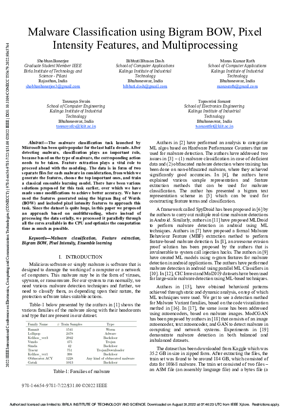 (PDF) Malware Classification using Bigram BOW, Pixel Intensity Features, and Multiprocessing ...