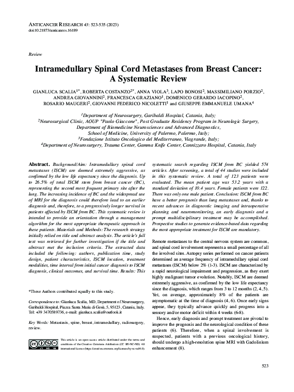 (PDF) Intramedullary Spinal Cord Metastases from Breast Cancer: A Systematic Review