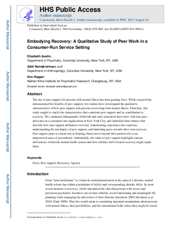 (PDF) Embodying Recovery: A Qualitative Study of Peer Work in a ...