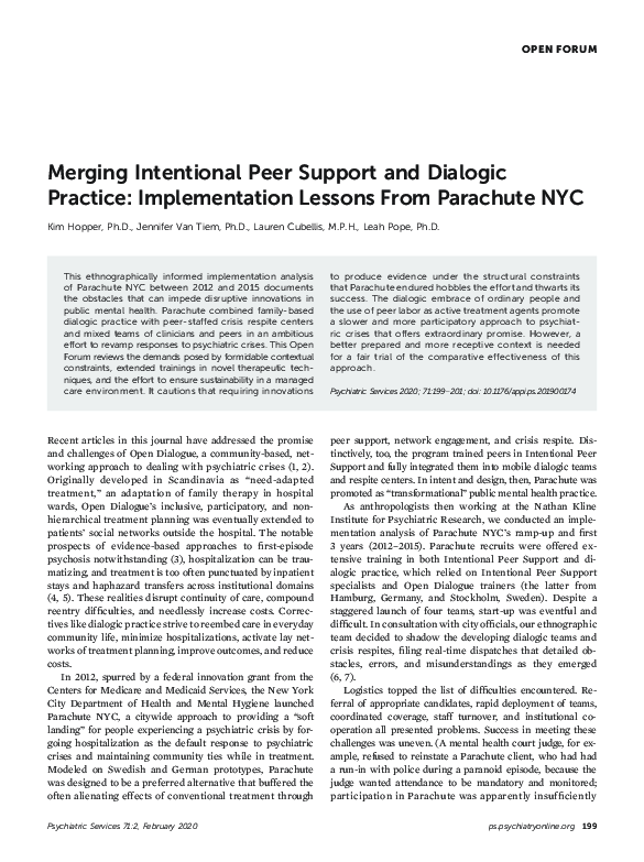 (PDF) Merging Intentional Peer Support and Dialogic Practice: Implementation Lessons From ...