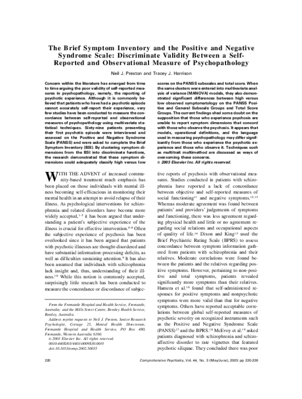 (PDF) The brief symptom inventory and the positive and negative syndrome scale: discriminate ...
