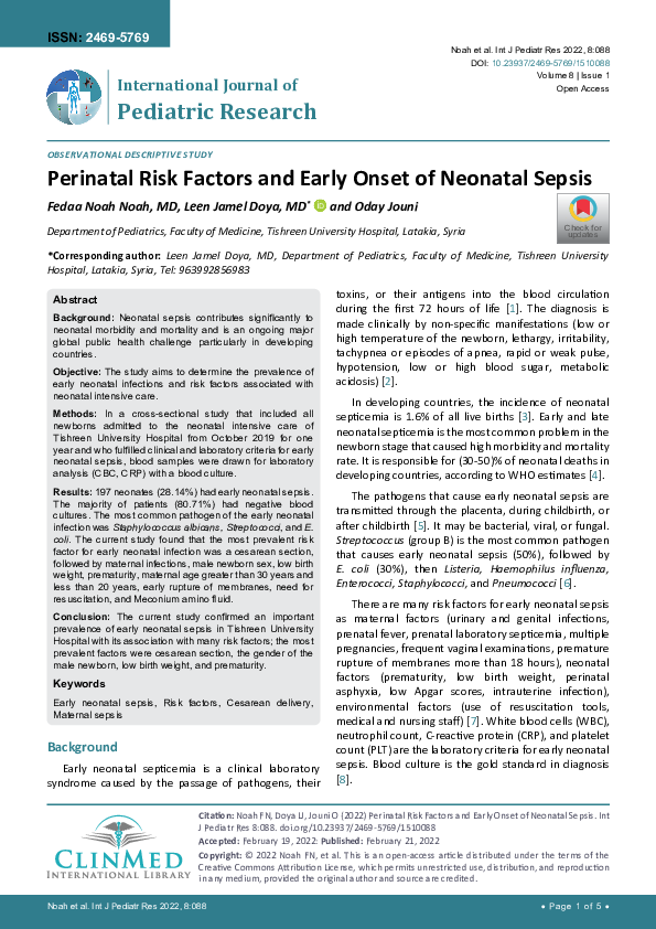 (PDF) Perinatal Risk Factors and Early Onset of Neonatal Sepsis
