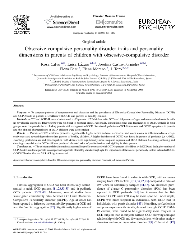 (PDF) Obsessive-compulsive personality disorder traits and personality dimensions in parents of ...