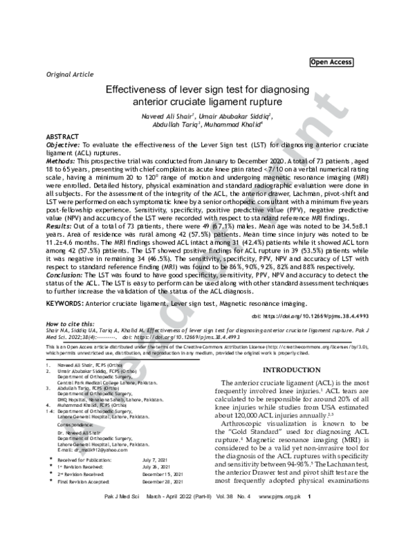 (PDF) Effectiveness of lever sign test for diagnosing anterior cruciate ...