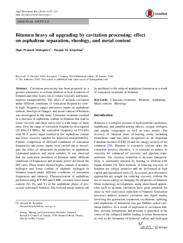 (PDF) Bitumen heavy oil upgrading by cavitation processing: effect on ...