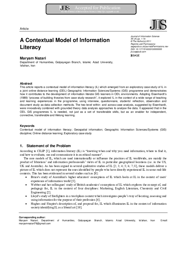 (PDF) A contextual model of information literacy