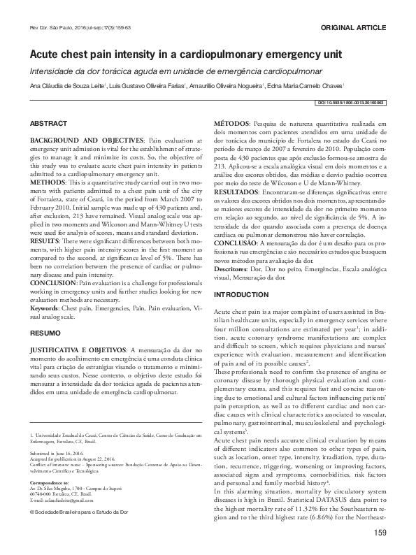 (PDF) Acute chest pain intensity in a cardiopulmonary emergency unit