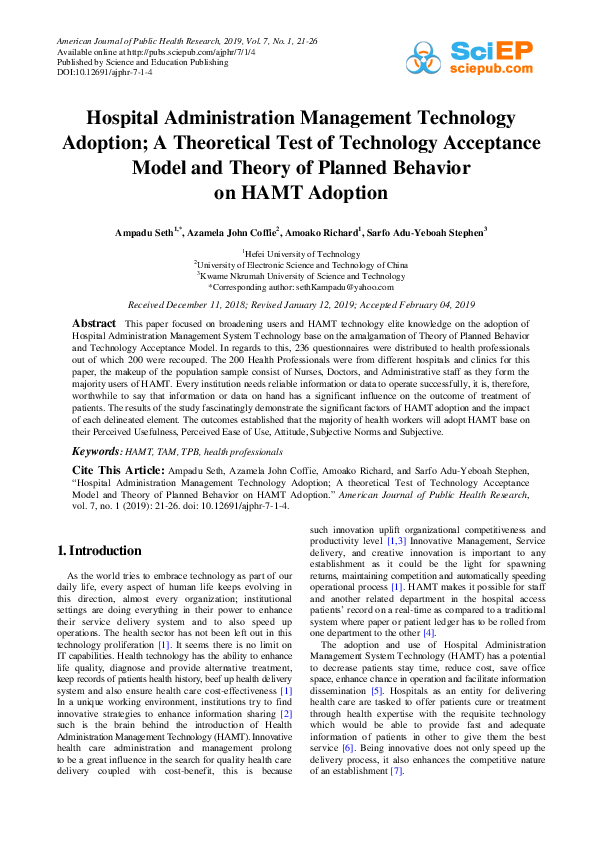 (PDF) Hospital Administration Management Technology Adoption; A ...