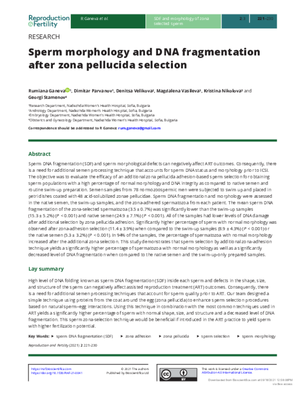 Pdf Sperm Morphology And Dna Fragmentation After Zona Pellucida Selection