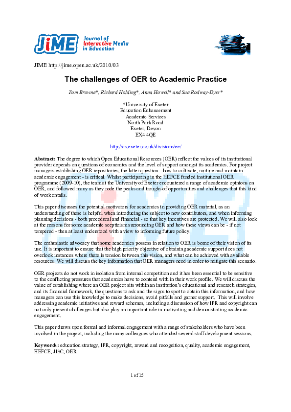 (PDF) The challenges of OER to Academic Practice