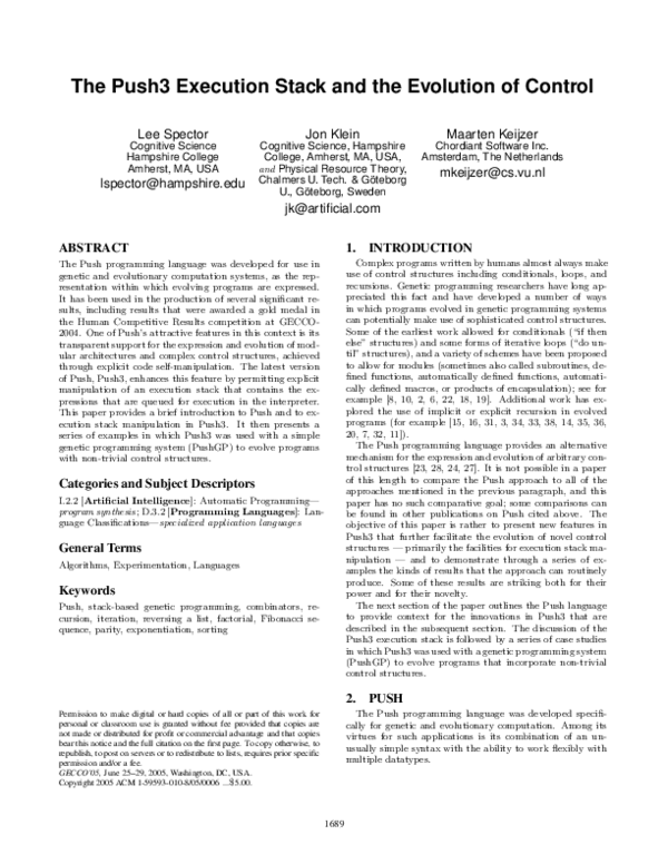 (PDF) The Push3 execution stack and the evolution of control