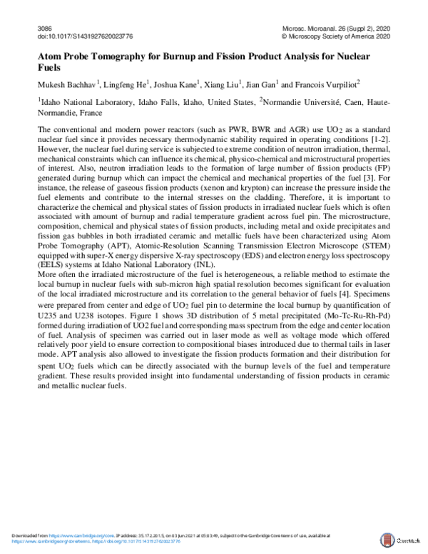 (PDF) Atom Probe Tomography for Burnup and Fission Product Analysis for ...