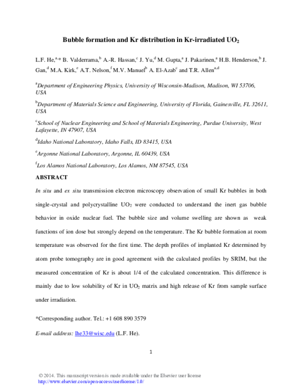 (PDF) Bubble formation and Kr distribution in Kr-irradiated UO2