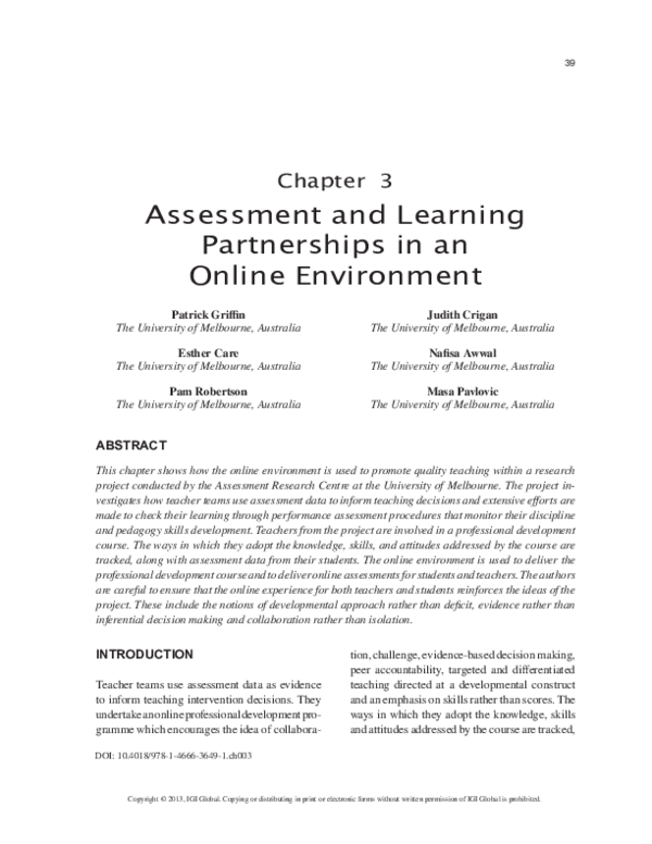 Pdf Assessment And Learning Partnerships In An Online Environment