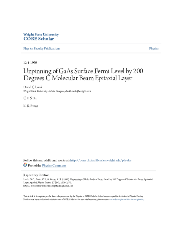 (PDF) Unpinning of GaAs surface Fermi level by 200 °C molecular beam epitaxial layer