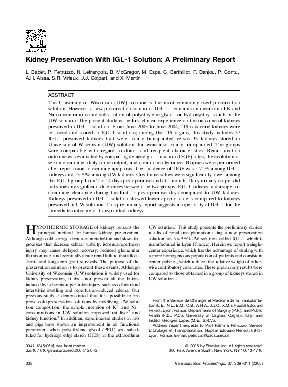 (PDF) Kidney Preservation with IGL-1 Solution: A Preliminary Report