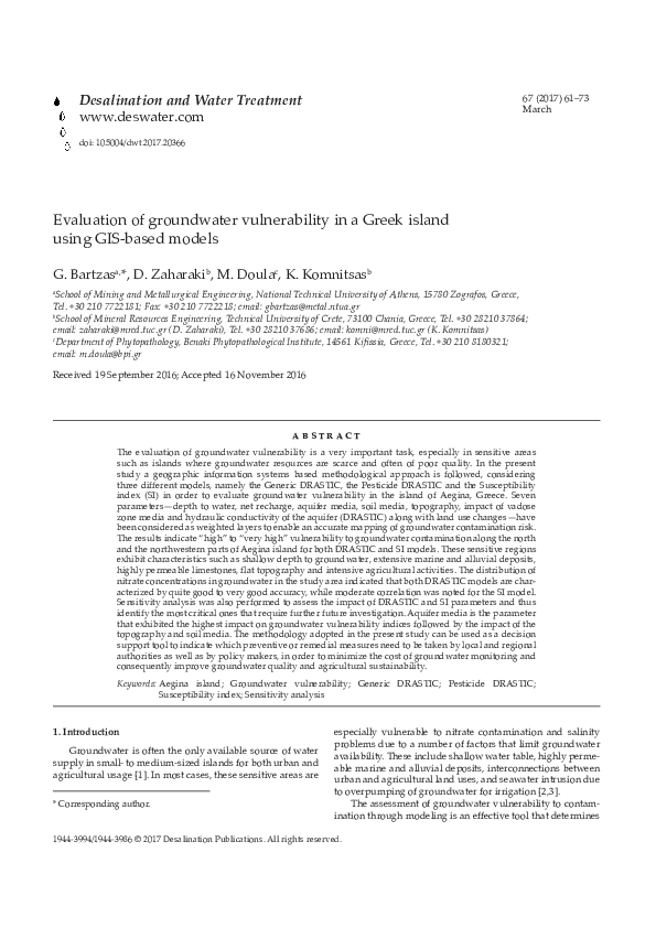 Pdf Evaluation Of Groundwater Vulnerability In A Greek Island Using Gis Based Models