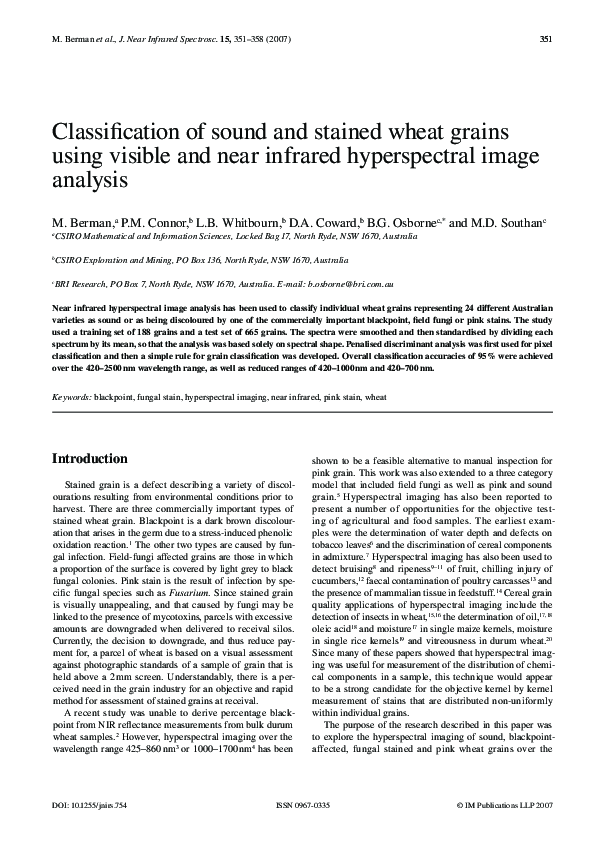 (PDF) Classification of Sound and Stained Wheat Grains Using Visible and near Infrared ...