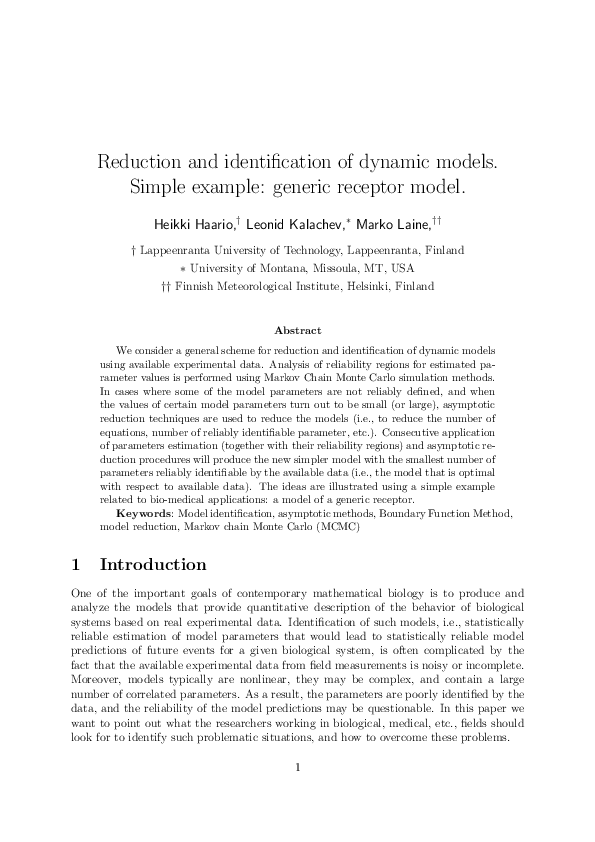 (PDF) Reduction and identification of dynamic models. Simple example: Generic receptor model