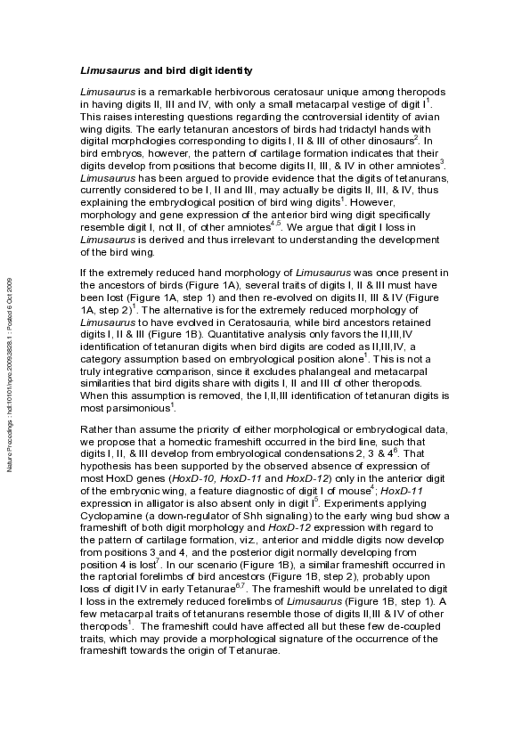(PDF) Limusaurus and bird digit identity