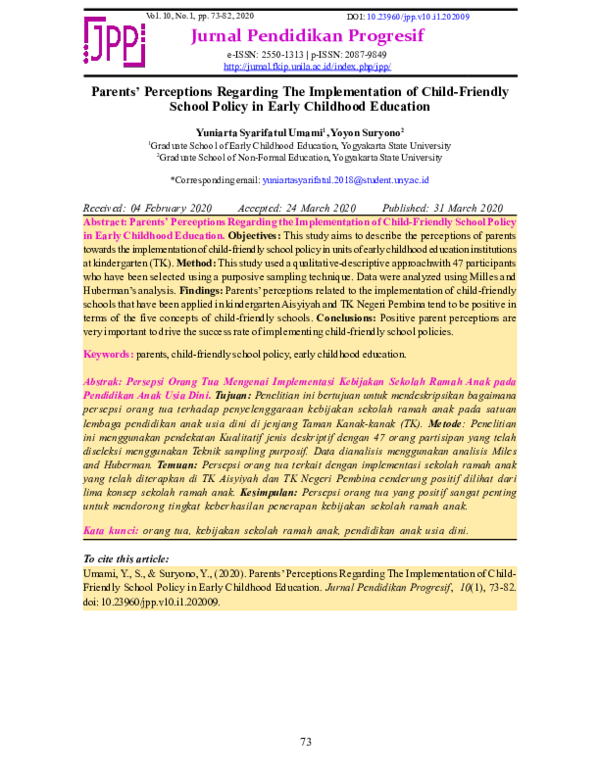 (PDF) Parents Perceptions Regarding The Implementation of Child Friendly School Policy in Early ...