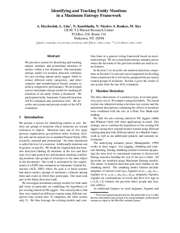 Pdf Identifying And Tracking Entity Mentions In A Maximum Entropy Framework Nicolas Nicolov