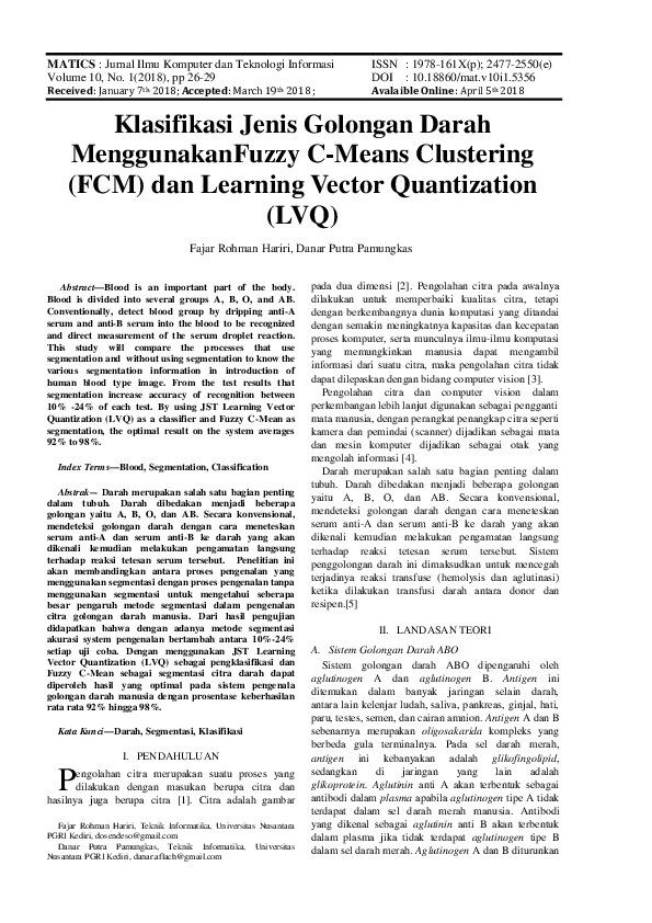 (PDF) Klasifikasi Jenis Golongan Darah Menggunakan Fuzzy C-Means Clustering (FCM) dan Learning ...