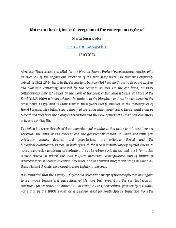 (PDF) Notes on the Origins and Reception of the Concept 'Noosphere'