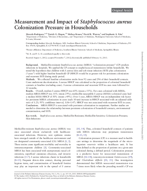 Pdf Measurement And Impact Of Staphylococcus Aureus Colonization Pressure In Households