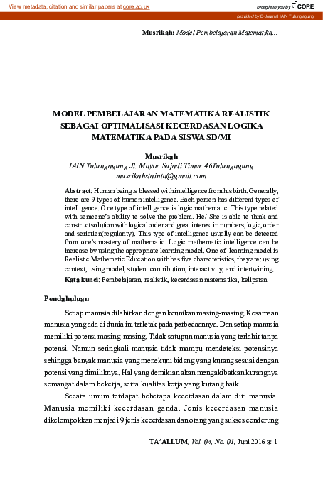 (PDF) Model Pembelajaran Matematika Realistik Sebagai Optimalisasi Kecerdasan Logika Matematika ...