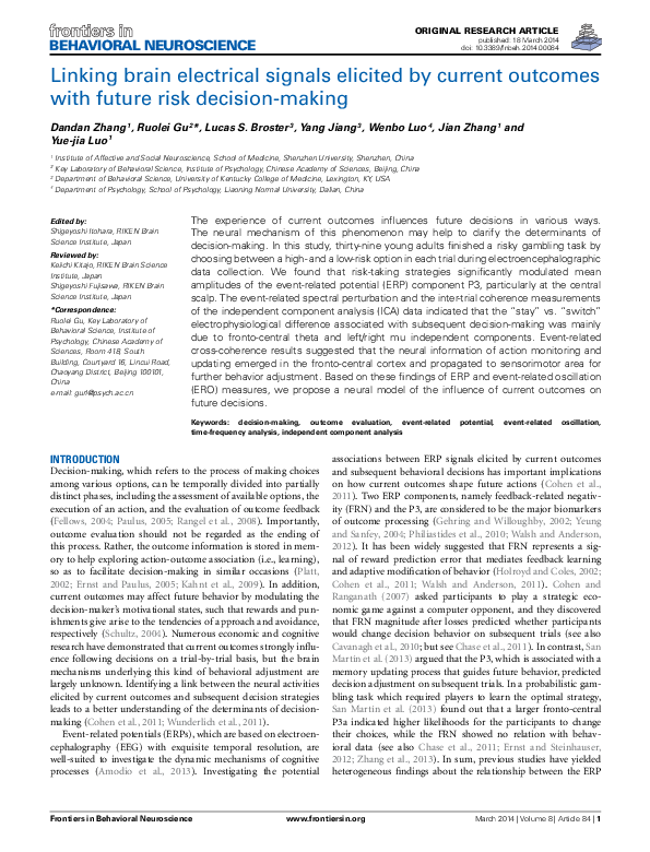 (PDF) Linking brain electrical signals elicited by current outcomes ...
