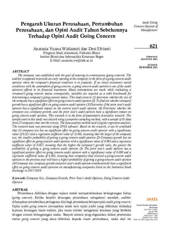 (PDF) Pengaruh Ukuran Perusahaan, Pertumbuhan Perusahaan, dan Opini Audit Tahun Sebelumnya ...