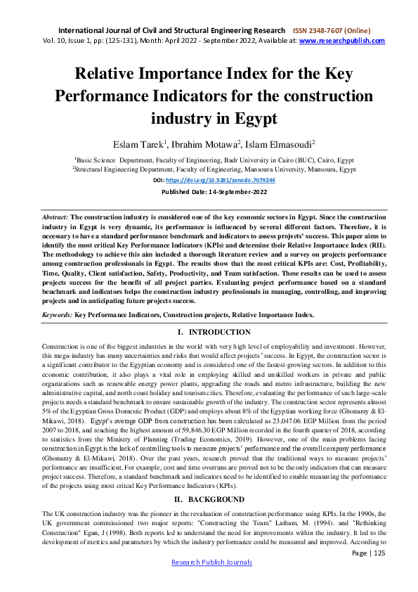 (PDF) Relative Importance Index for the Key Performance Indicators for ...