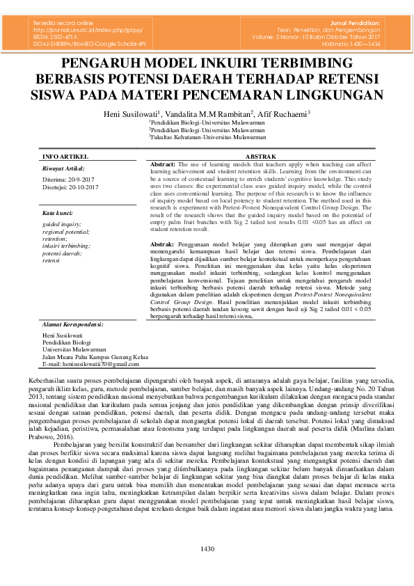 (PDF) Pengaruh Model Inkuiri Terbimbing Berbasis Potensi Daerah Terhadap Retensi Siswa Pada ...