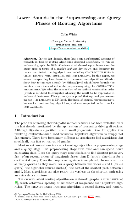 (PDF) Lower Bounds in the Preprocessing and Query Phases of Routing Algorithms