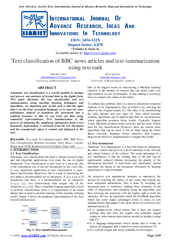 (PDF) Text classification of BBC news articles and text summarization using text rank