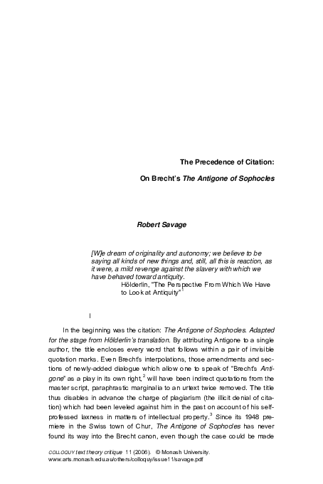 (PDF) The Precedence of Citation: On Brecht's The Antigone of Sophocles