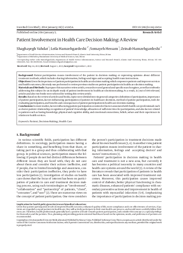 (PDF) Patient Involvement in Health Care Decision Making: A Review