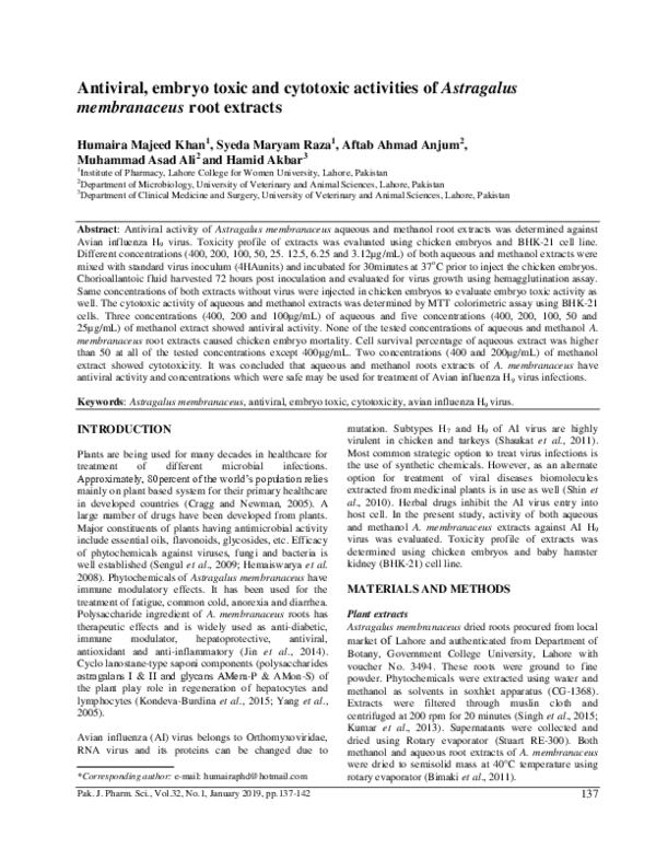 (PDF) Antiviral, embryo toxic and cytotoxic activities of Astragalus membranaceus root extracts