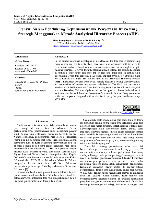 (PDF) Penyu: Sistem Pendukung Keputusan untuk Penyewaan Ruko yang Strategis Menggunakan Metode ...