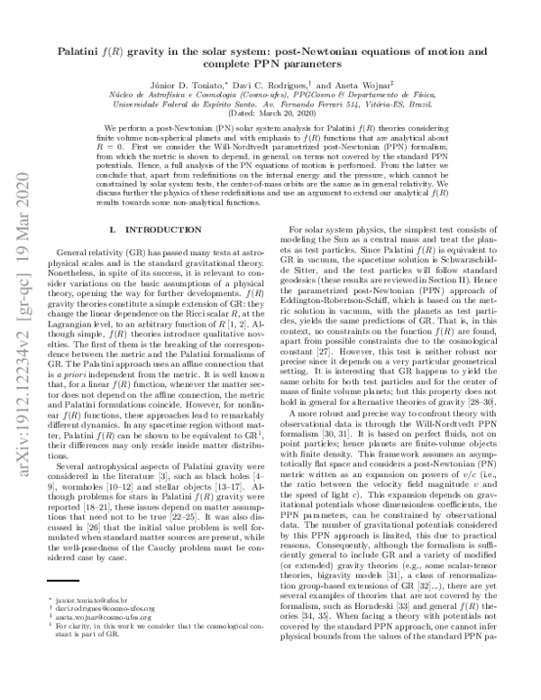 (PDF) Palatini f(R) gravity in the solar system: Post-Newtonian equations of motion and complete ...