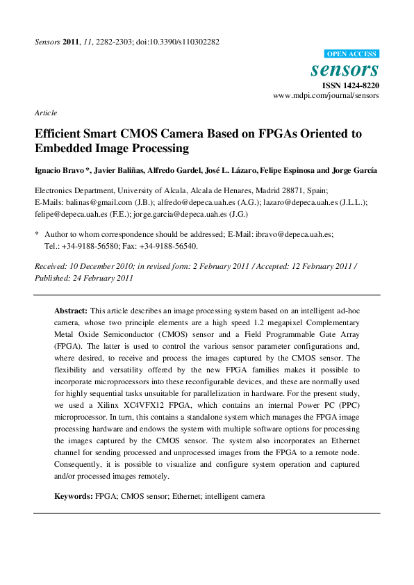 Pdf Efficient Smart Cmos Camera Based On Fpgas Oriented To Embedded Image Processing
