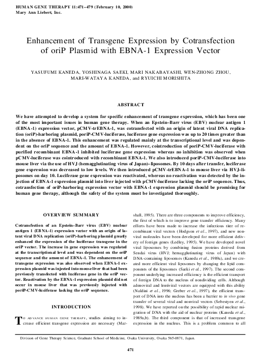(PDF) Enhancement of Transgene Expression by Cotransfection of oriP ...
