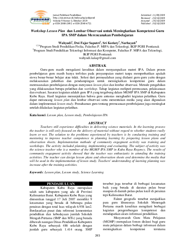 (PDF) Workshop Lesson Plan dan Lembar Observasi untuk Meningkatkan Kompetensi Guru IPA SMP dalam ...