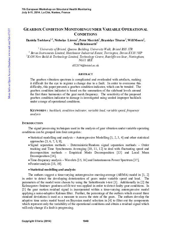 (PDF) Gearbox Condition Monitoring under Variable Operational Conditions | Will Moore - Academia.edu