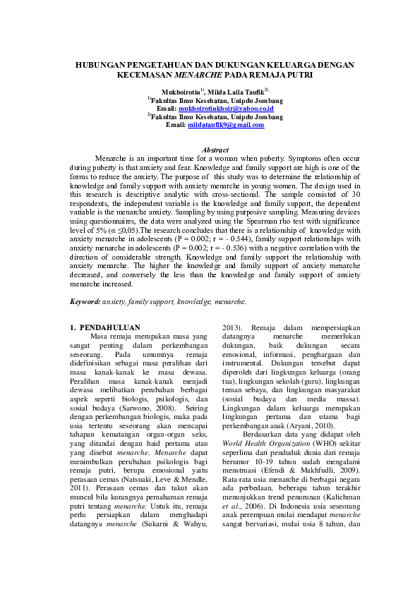 (PDF) Hubungan Pengetahuan Dan Dukungan Keluarga Dengan Kecemasan Menarche Pada Remaja Putri