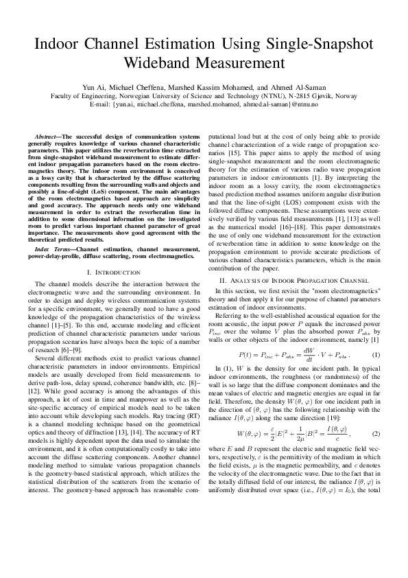 (PDF) Indoor Channel Estimation Using Single-Snapshot Wideband Measurement