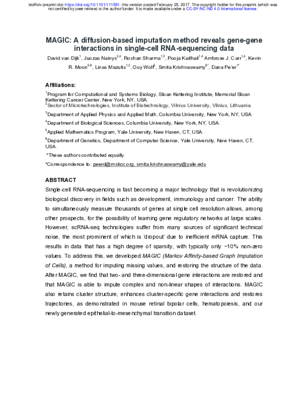 (PDF) MAGIC: A diffusion-based imputation method reveals gene-gene interactions in single-cell ...