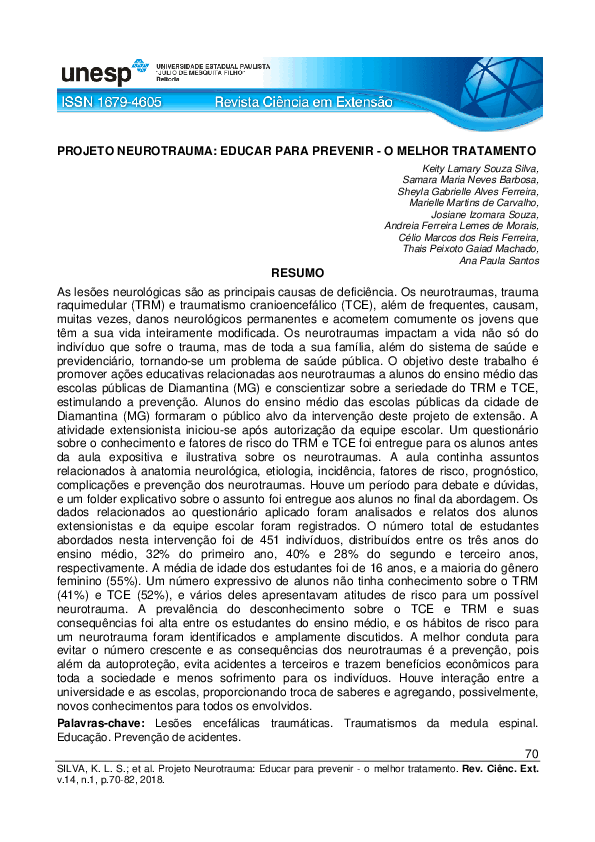 (PDF) PROJETO NEUROTRAUMA: Educar para prevenir – o melhor tratamento